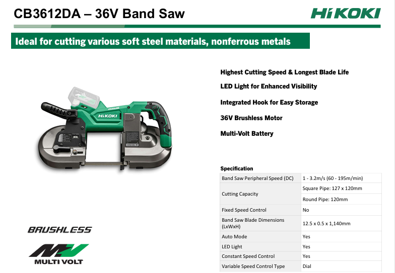 HIKOKI CB3612DA CORDLESS BAND SAW